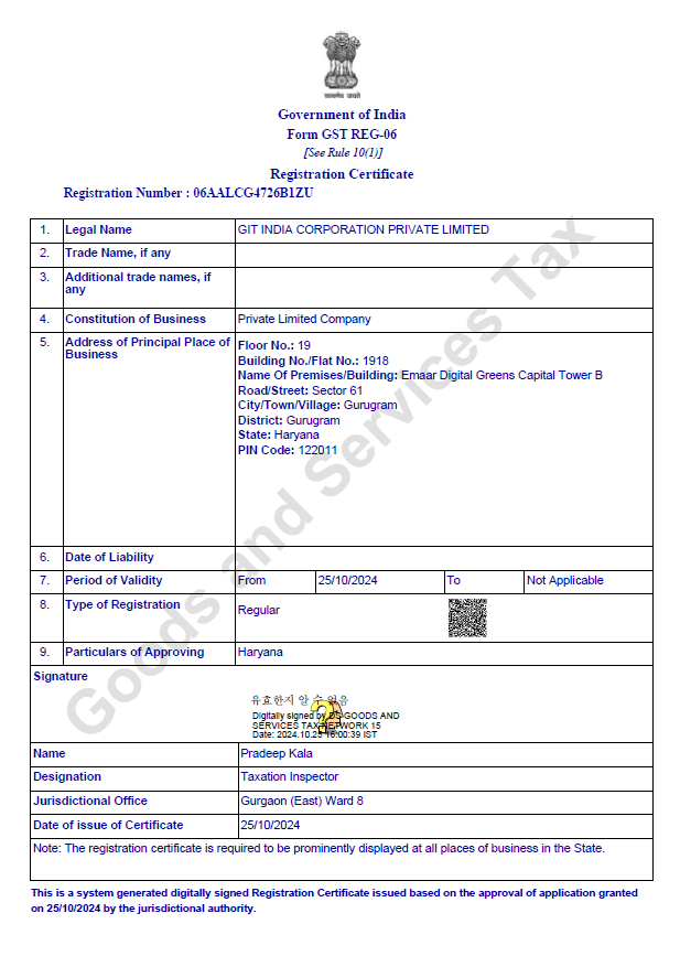 GIT India GST Certificate – GIT India